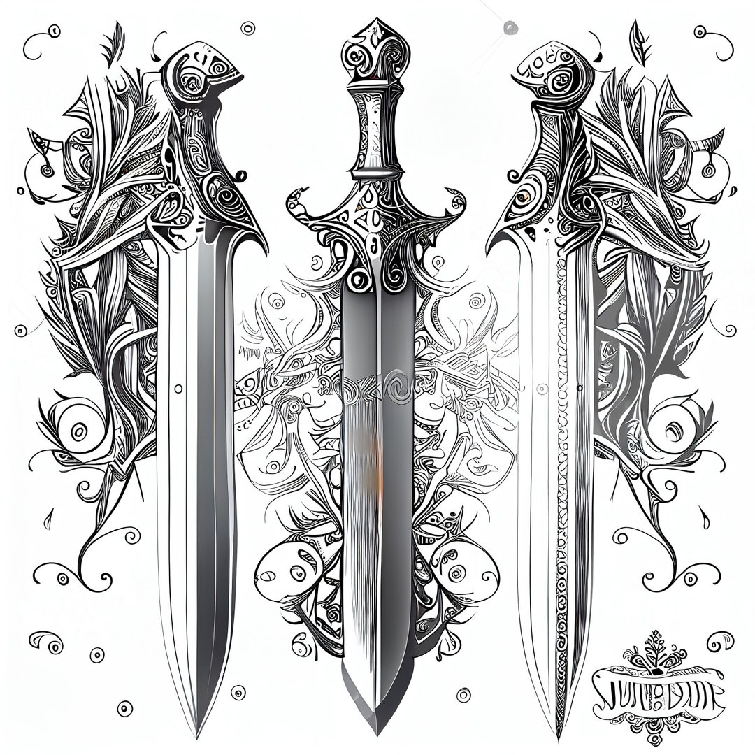 8 Pack Stress Relief Coloring Pages, Swords Digital Print, Filigree ...