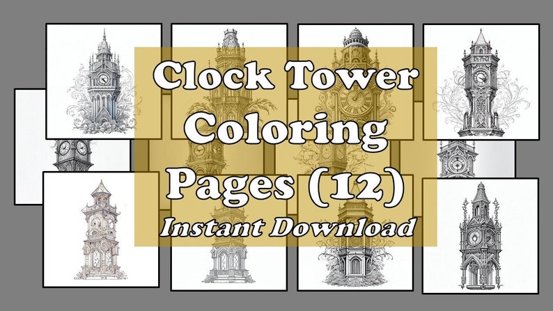 12 Pack Stress Relief Coloring Page, Clock Tower Digital Print ...