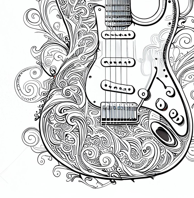 10 Pack Stress Relief Coloring Pages, Guitar Digital Print, Filigree ...