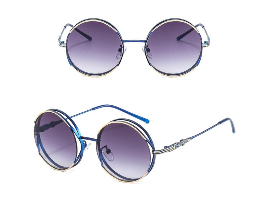 Blue Vintage Retro Steampunk Round Wire Rimless Sunglasses - Etsy