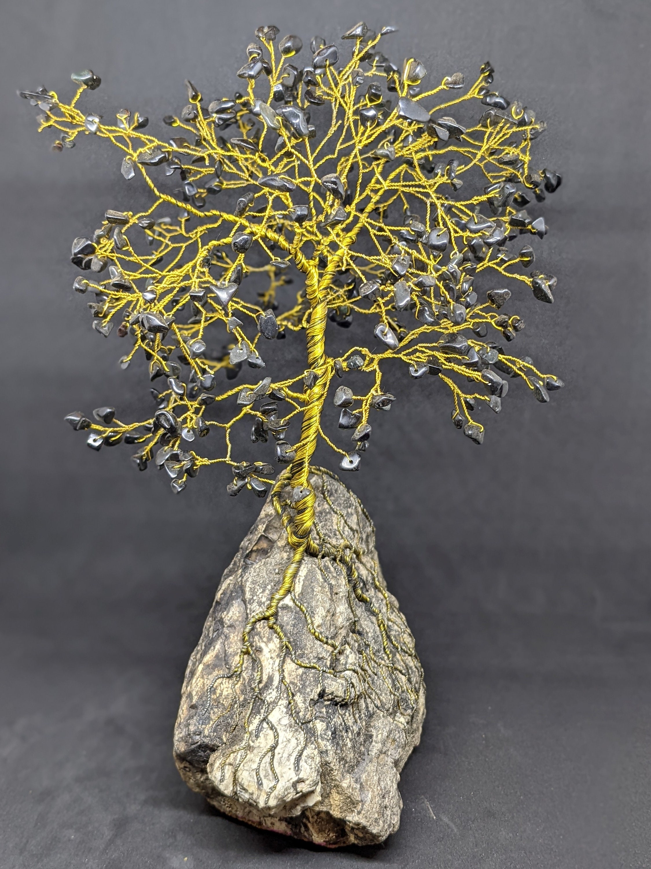 Large Gold and Black Wire Tree With Black Glass Bead Leaves on Stone - Etsy