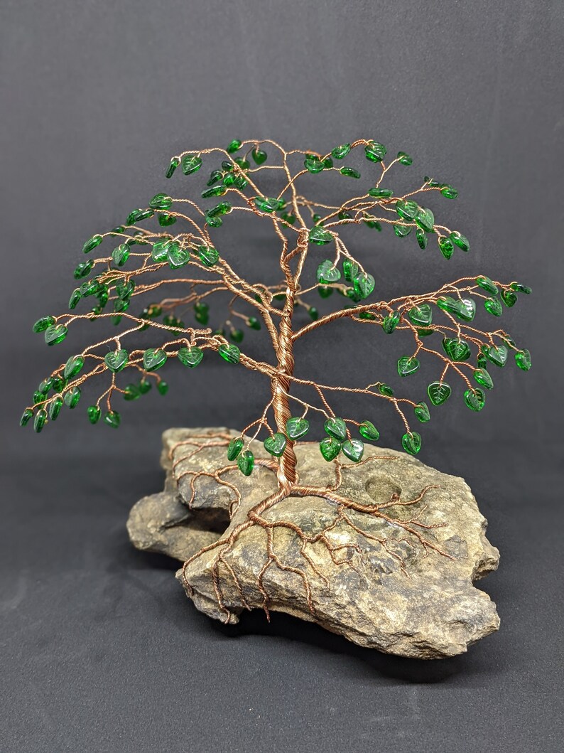 Copper Wire Tree With Green Glass Leaves on Stone - Etsy