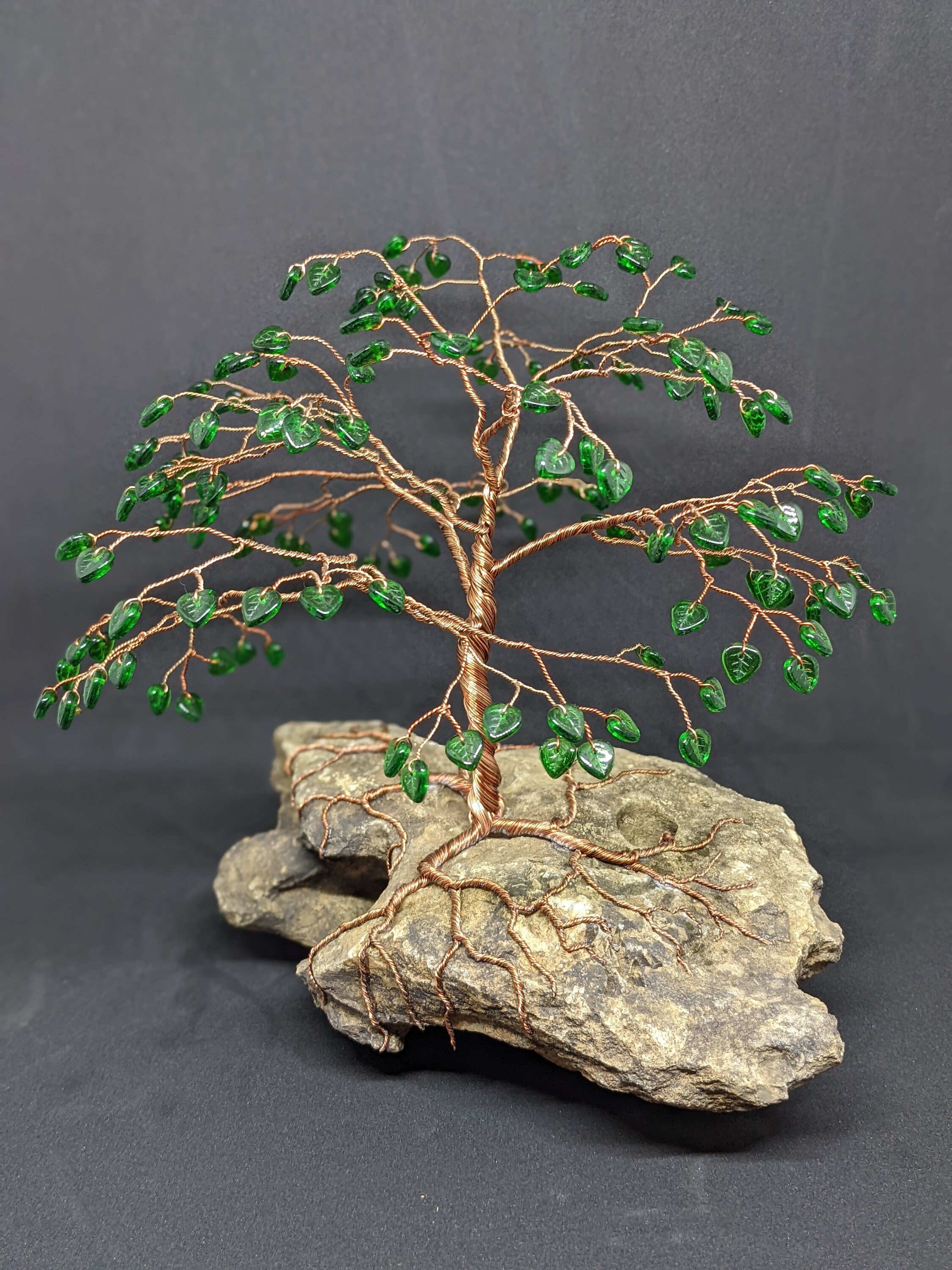 Copper Wire Tree With Green Glass Leaves on Stone - Etsy