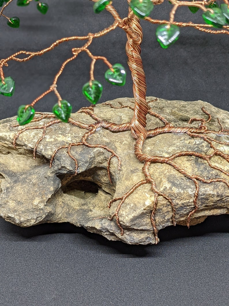 Copper Wire Tree With Green Glass Leaves on Stone - Etsy
