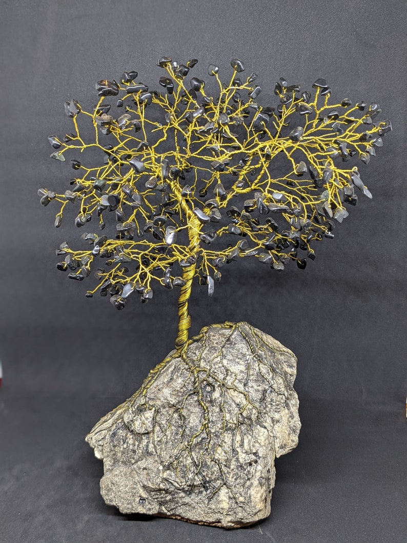 Large Gold and Black Wire Tree With Black Glass Bead Leaves on Stone - Etsy
