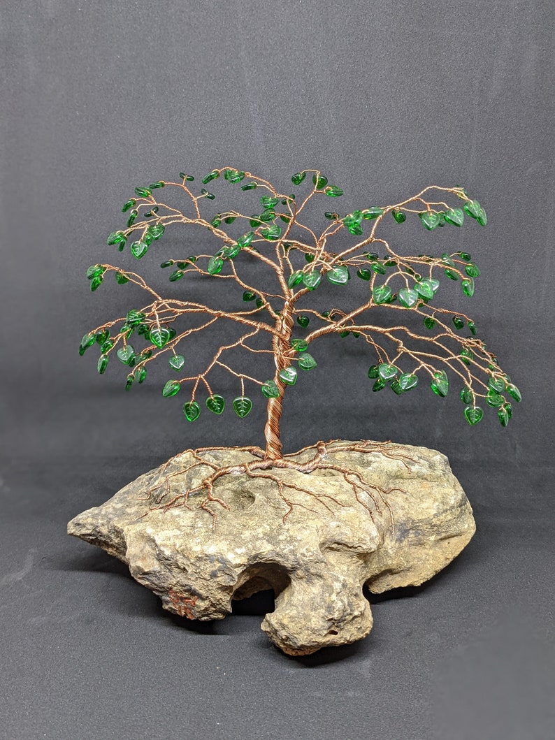 Copper Wire Tree With Green Glass Leaves on Stone - Etsy
