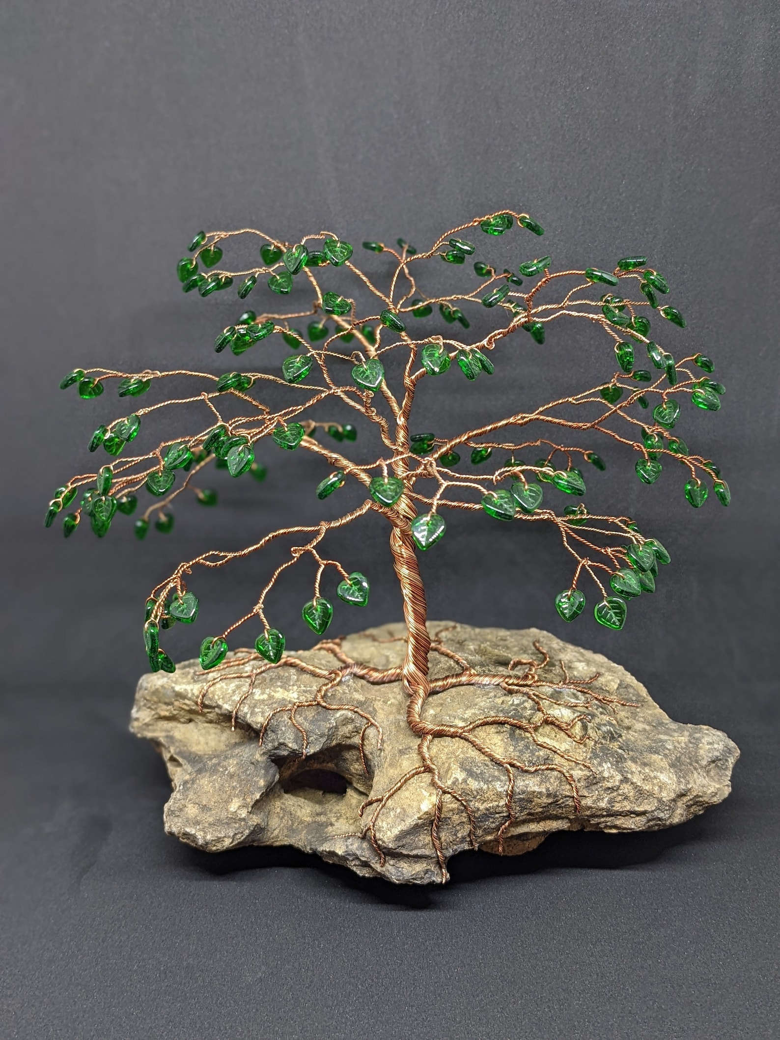 Copper Wire Tree With Green Glass Leaves on Stone - Etsy