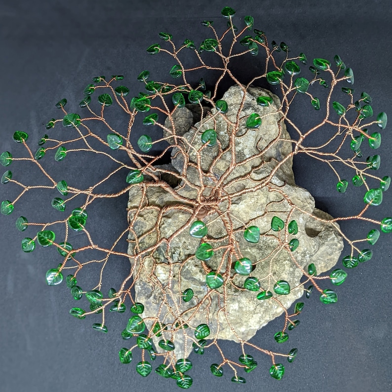 Copper Wire Tree With Green Glass Leaves on Stone - Etsy