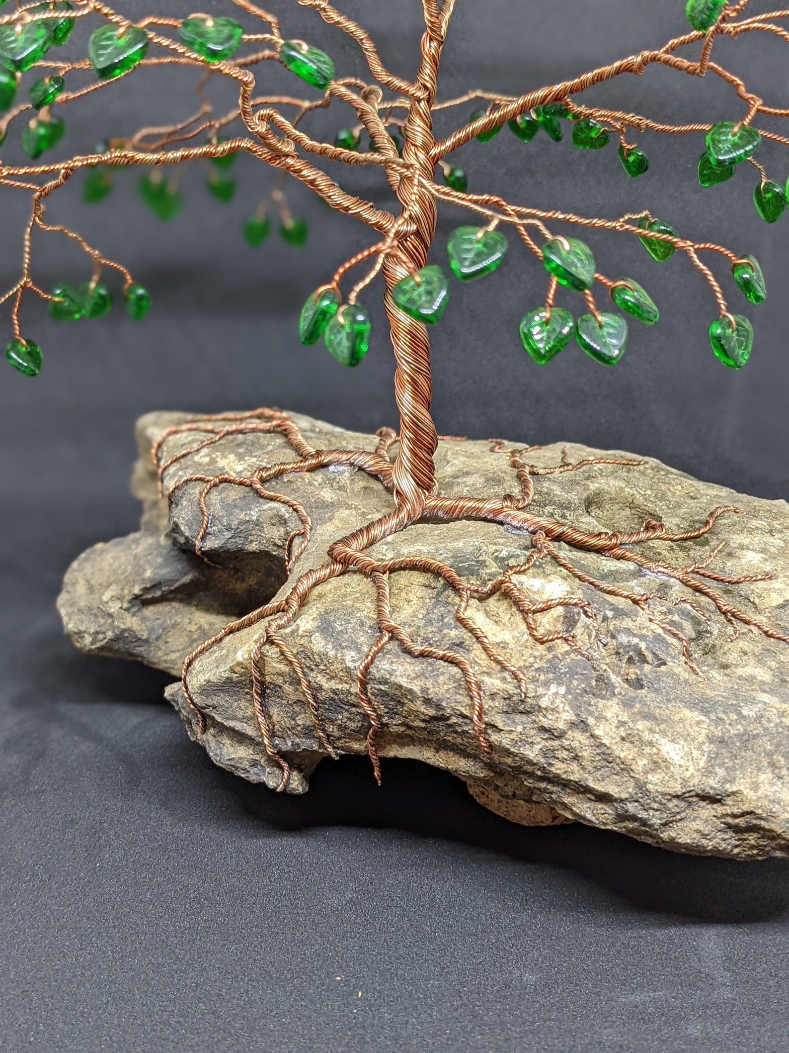 Copper Wire Tree With Green Glass Leaves on Stone - Etsy