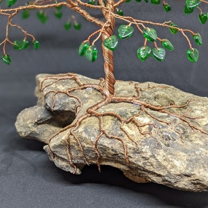 Copper Wire Tree With Green Glass Leaves on Stone - Etsy
