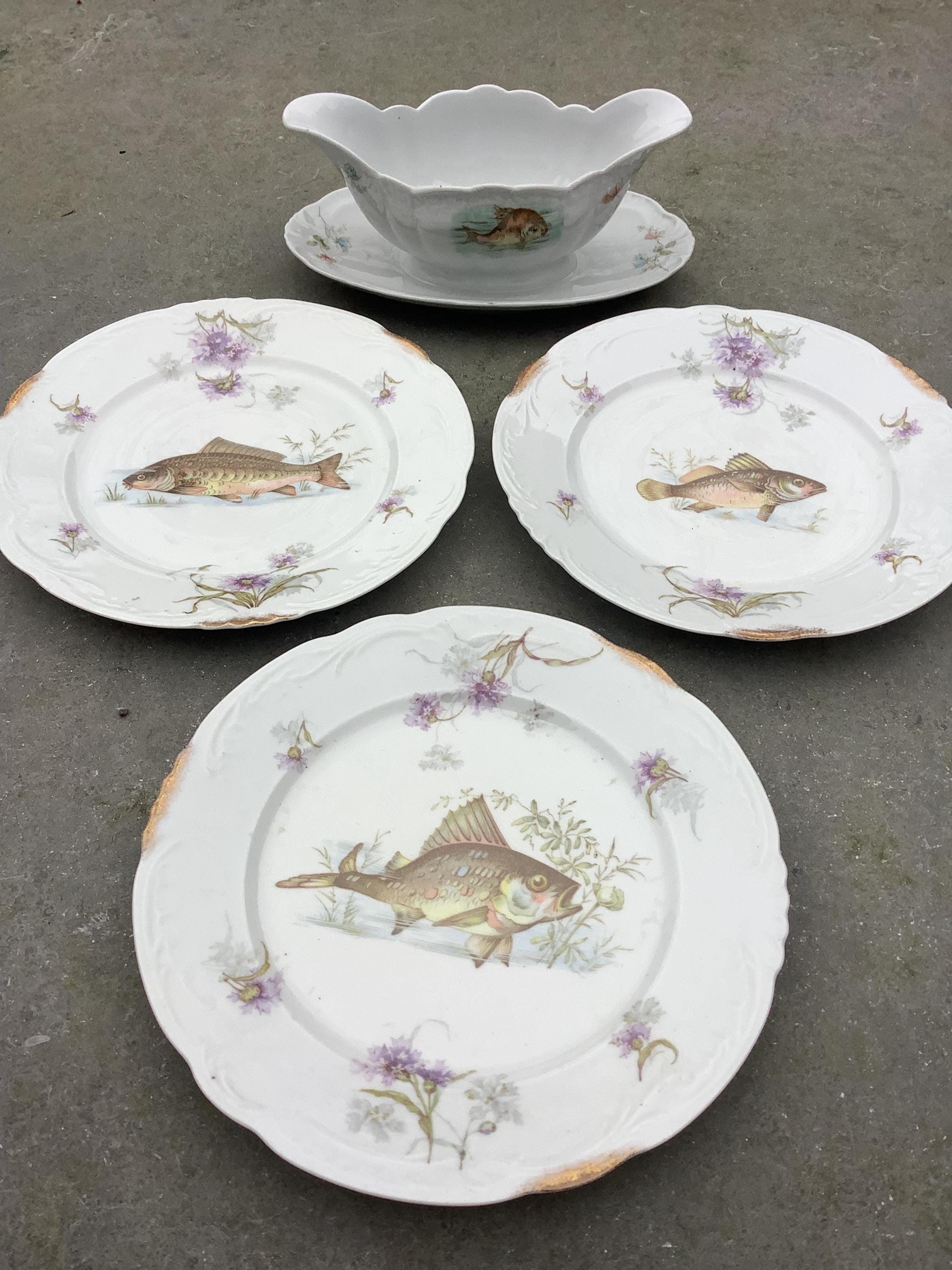 Limoges Fish Tableware Set of 3 Plates and Sauce Boat. - Etsy