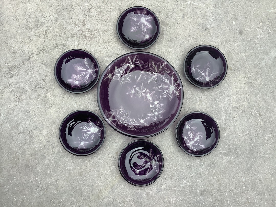 Bohemian Purple Glass, Cut, Set of Serving Bowl With 6 Bowls. - Etsy
