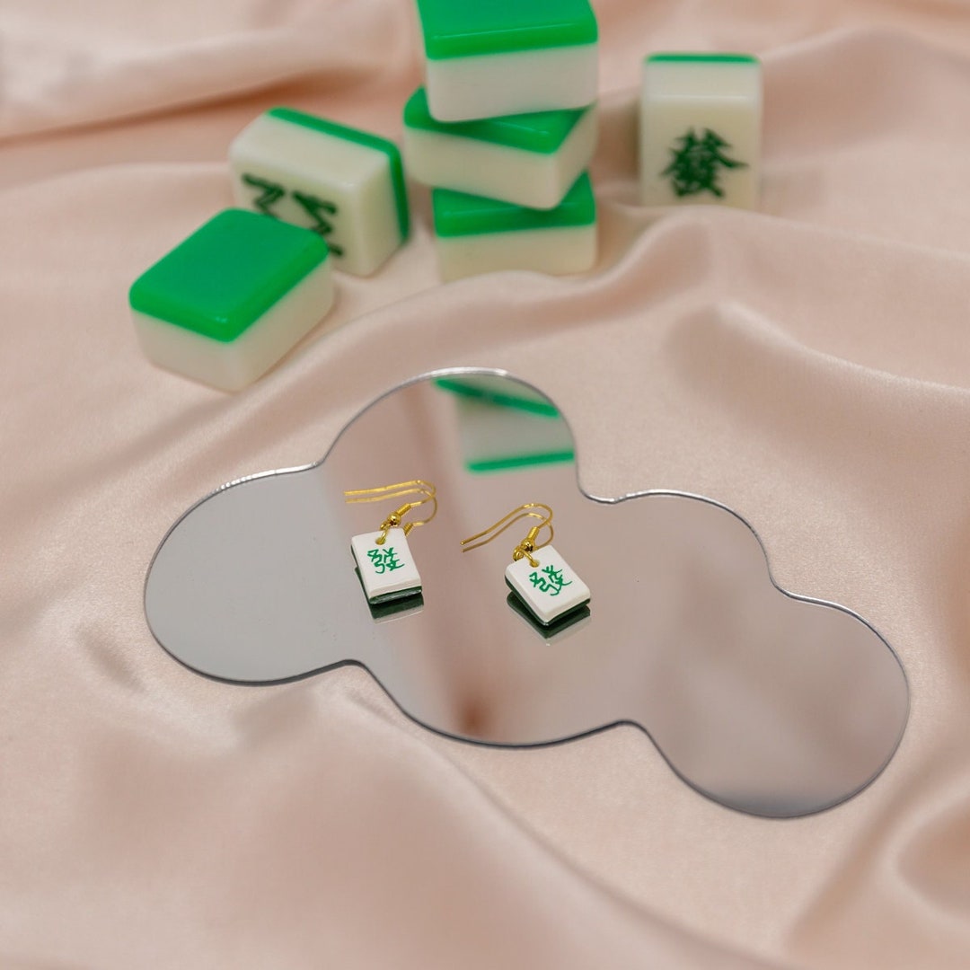 Green & White Mahjong Set Tile Gold Clay Earrings | Dainty Asian Kawaii ...