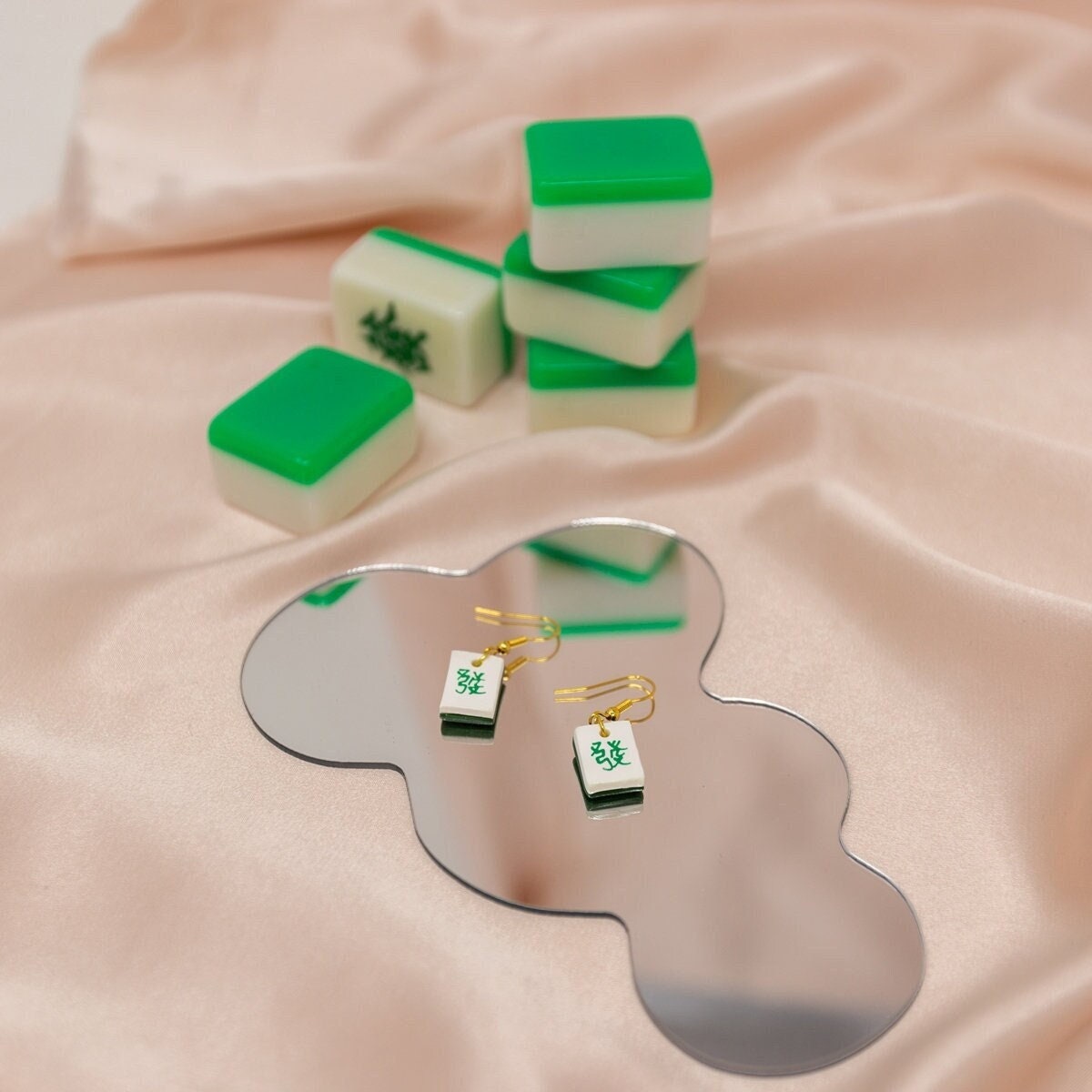 Green & White Mahjong Set Tile Gold Clay Earrings Dainty Asian Kawaii ...
