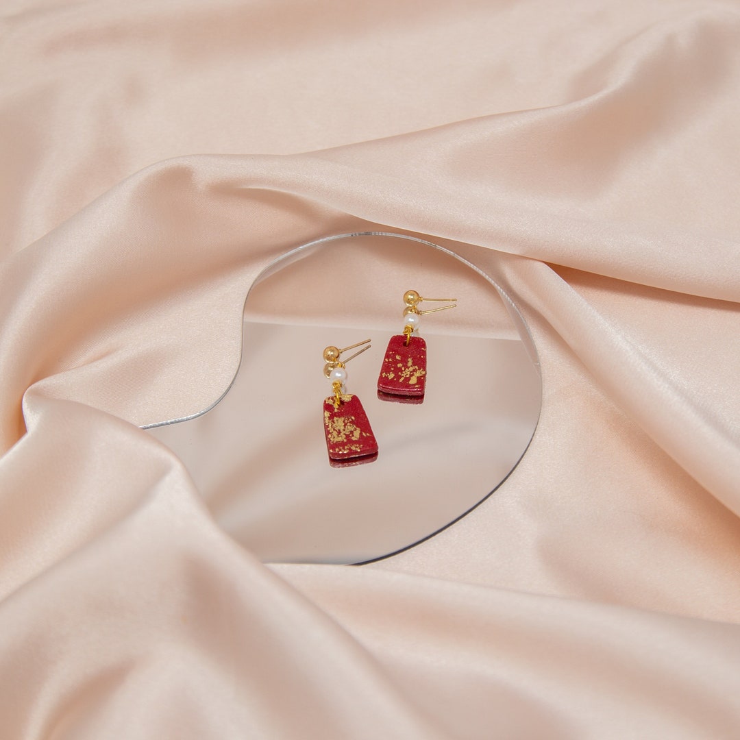 Red & Gold 18K Pearl Rectangle Clay Earrings| Dainty Minimalist Asian ...