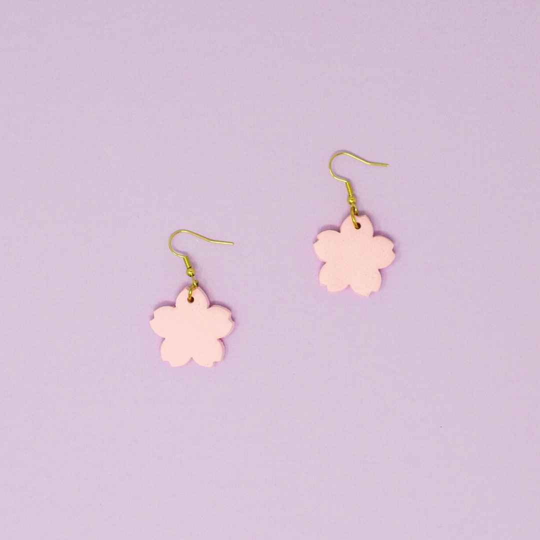 Cute Pink & Gold Sakura Clay Earrings Handmade Asian Dangle Genshin ...
