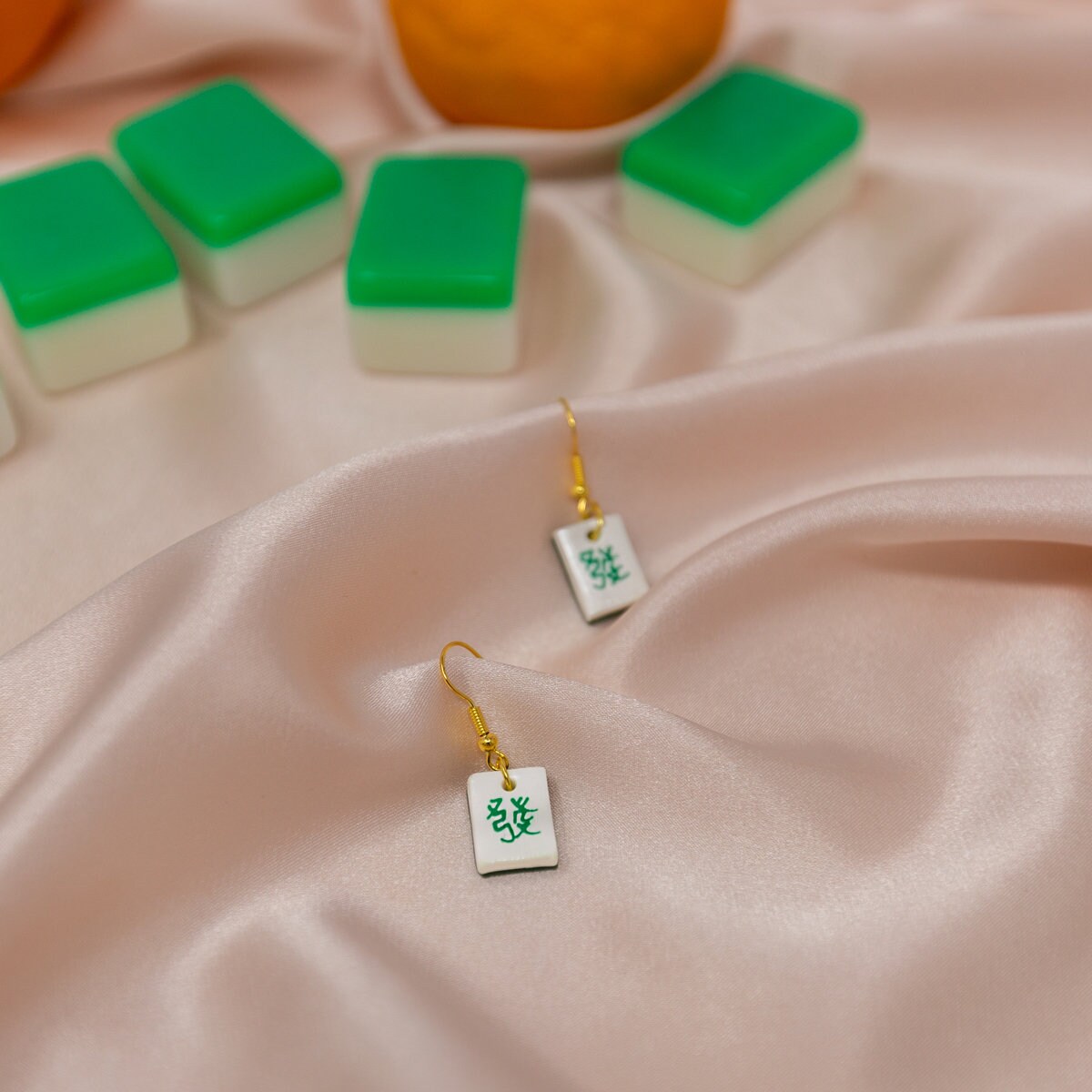 Green & White Mahjong Set Tile Gold Clay Earrings Dainty Asian Kawaii ...