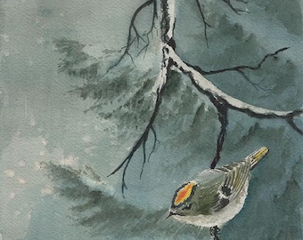 ORIGINAL Watercolor ochre Chickadee by Charles R Reid Handmade Bird Art ...