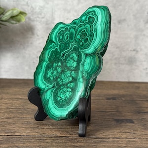 Natural Malachite Slab With Plastic Stand - Vibrant Green Swirls for ...