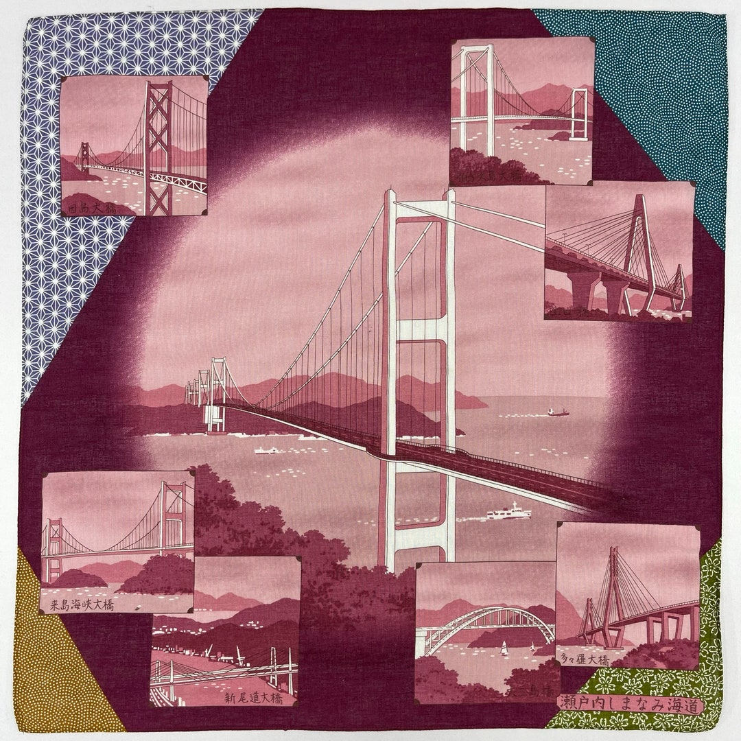 Vintage Japanese Bridge Setouchi Shimanami Kaido Handkerchief, Japan ...
