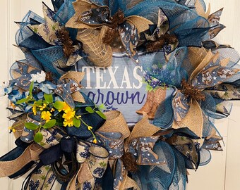 Texas Bluebonnet Wreath, Bluebonnets and Cotton, Front Door Blue Mesh ...