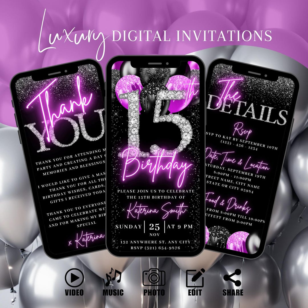 Digital 15th Birthday Invitation, Animated 15th Pink Invite for Women ...