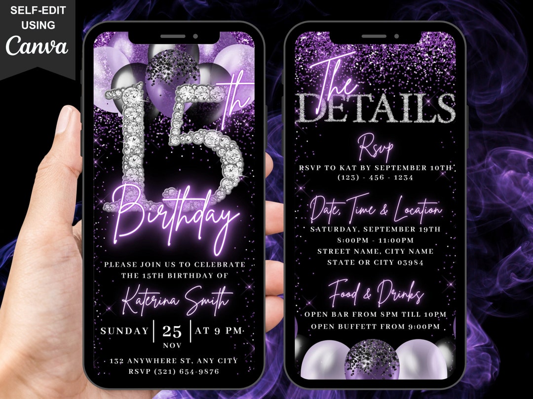 Digital 15th Birthday Invitation, Animated Purple Fifteen Glam Diamond ...