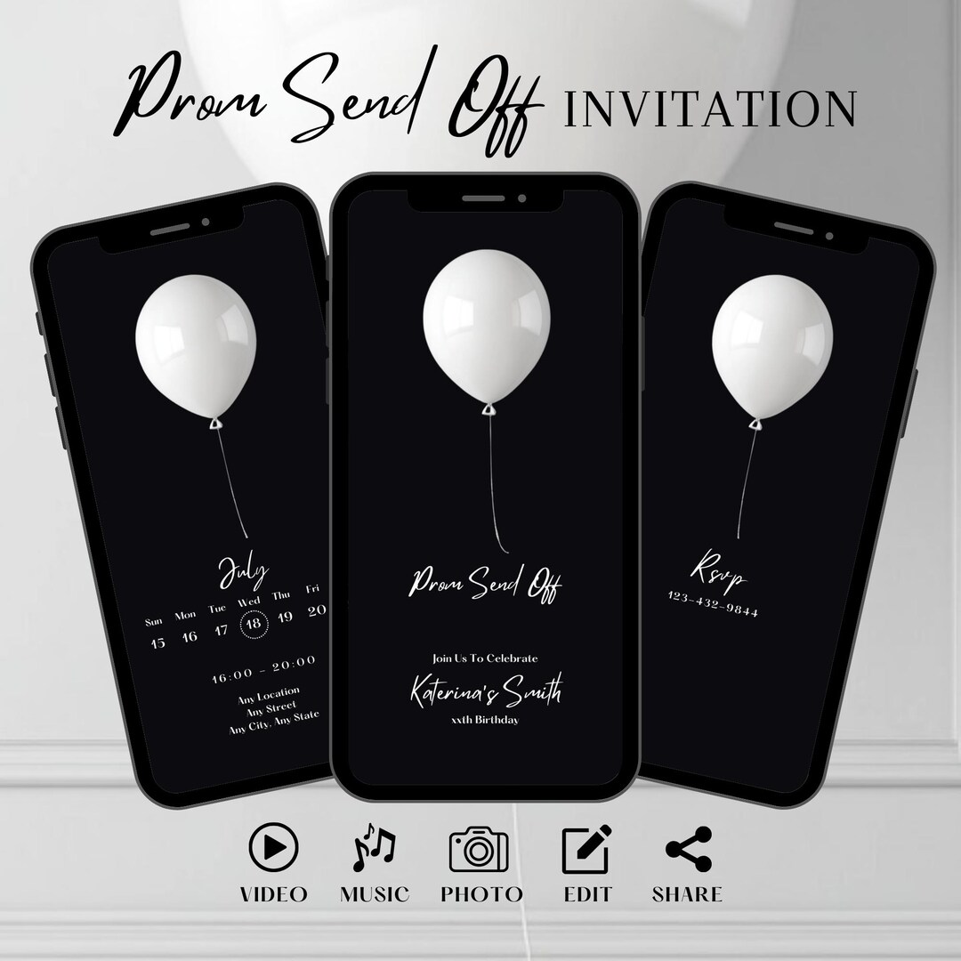 Elegant Black White Prom Send off Invitation, Minimalist Digital King ...