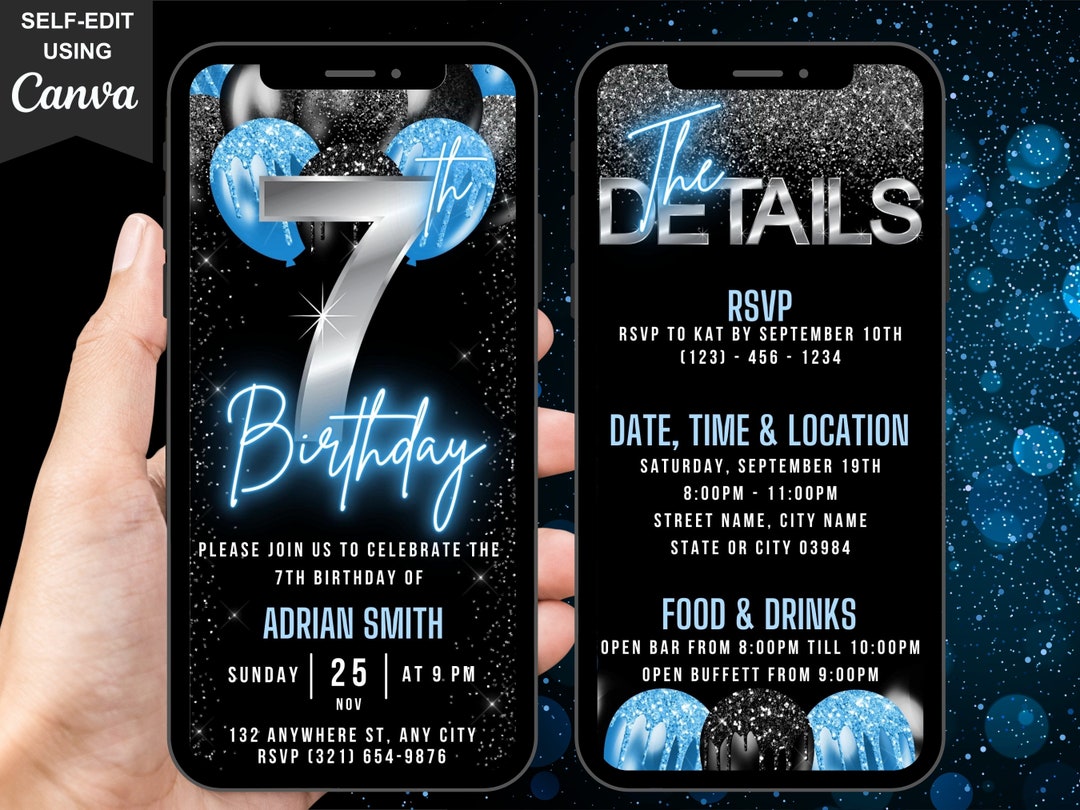 7th Digital Flyer Birthday Invitation, Animated Blue Silver Seventh ...