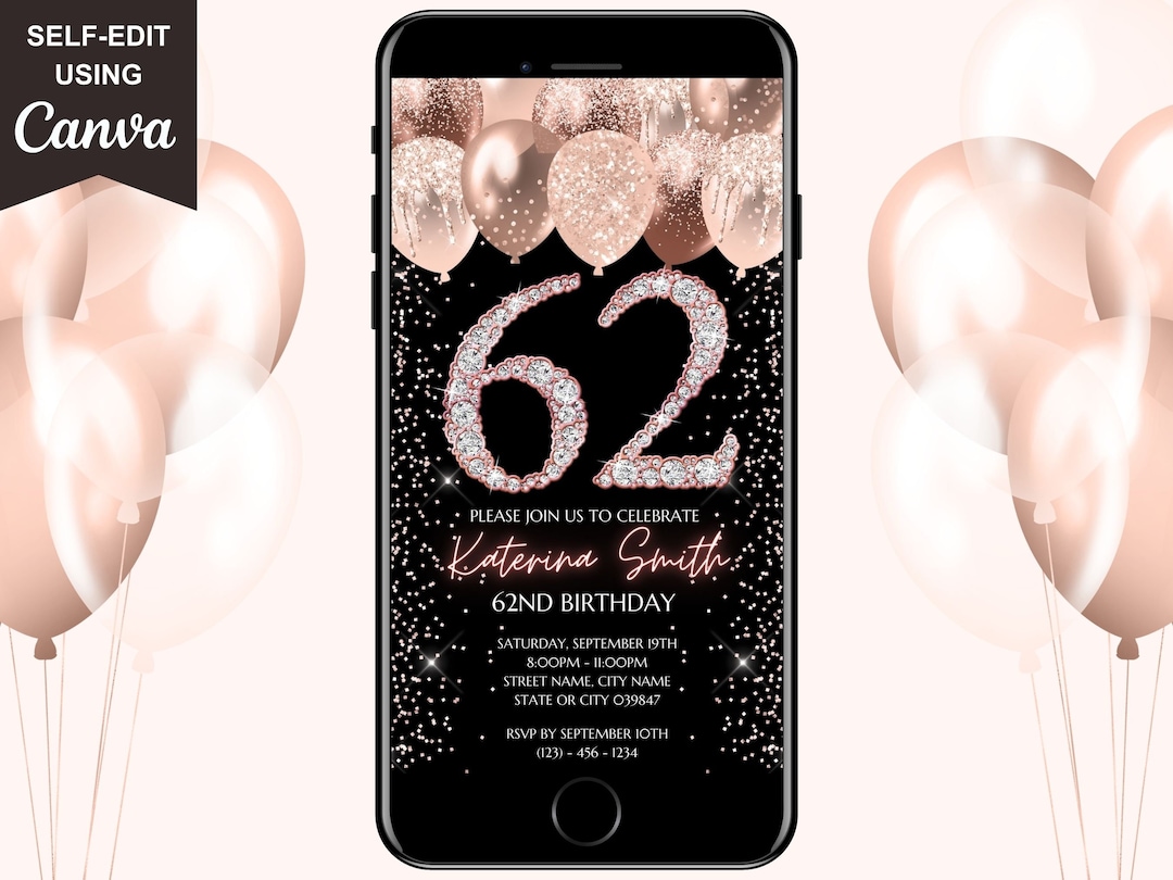 62nd Birthday Digital Invitation, Electronic 62nd Birthday Party Invite ...