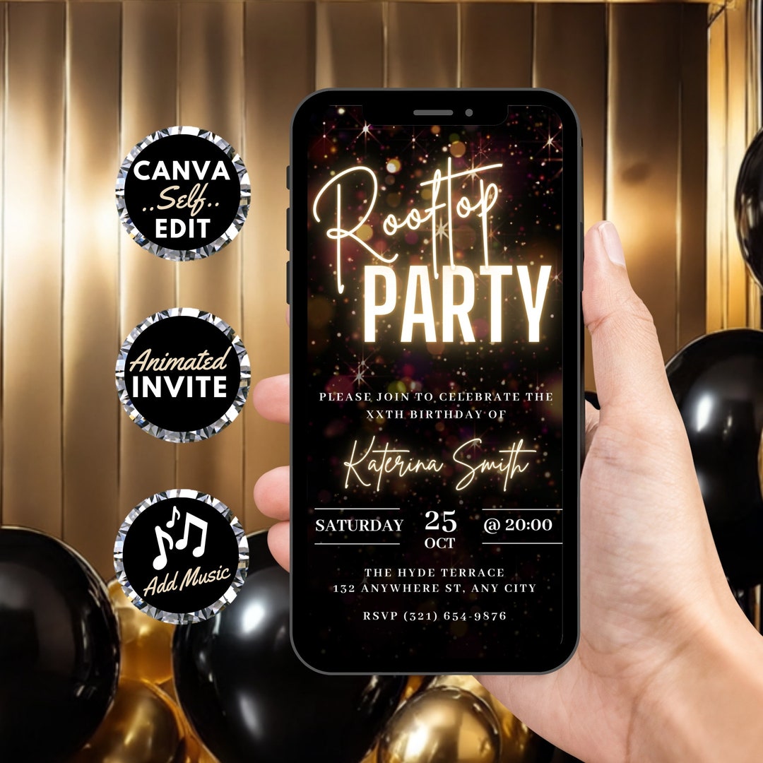 Digital Flyer Rooftop Gold Invitation, Animated Birthday Brunch Dinner ...