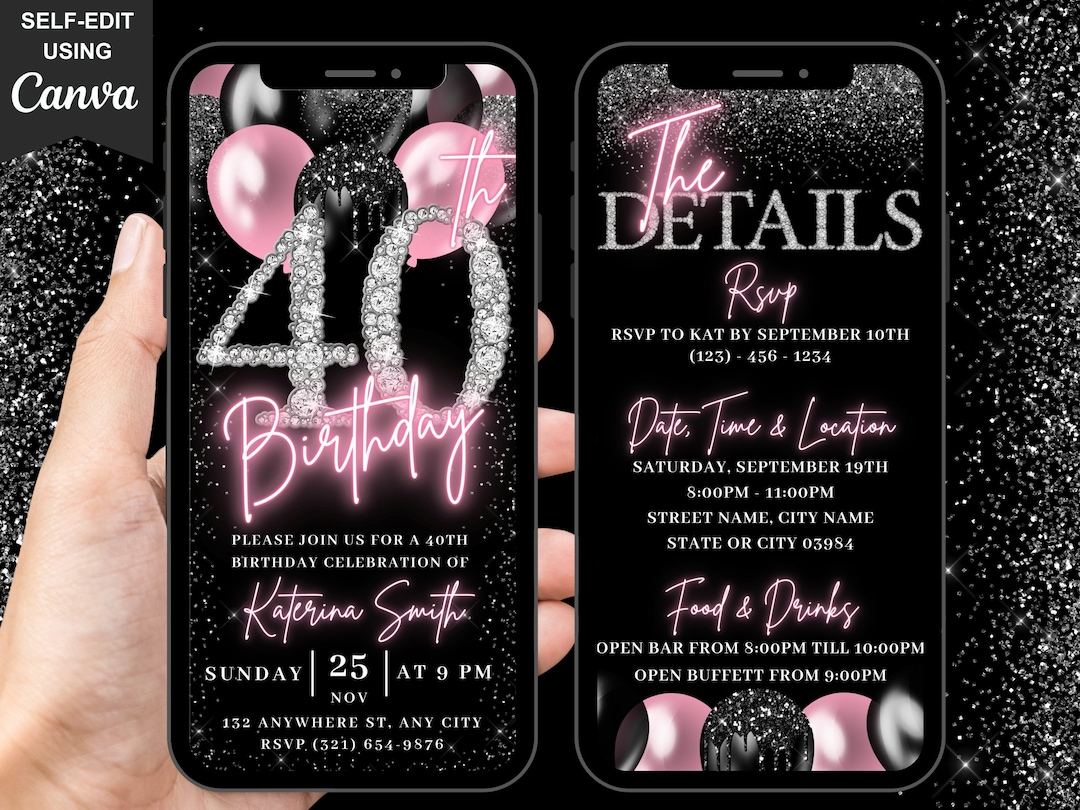 Digital 40th Birthday Invitation, Blush Pink Girls 40 Balloon Diamond ...