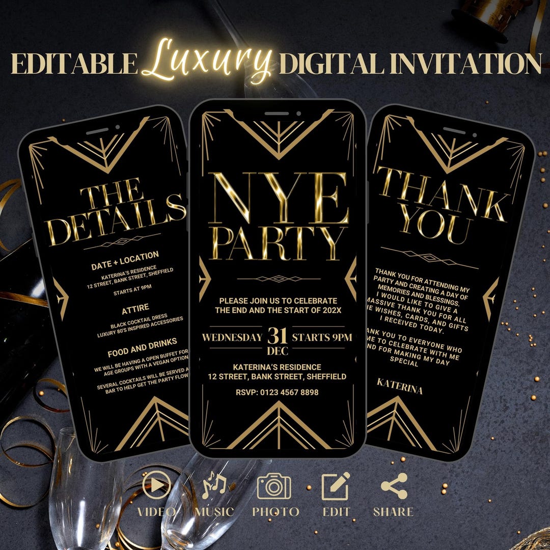 Digital NYE Party Invitation, Black Gold Art Deco Ecard, Elegant New ...