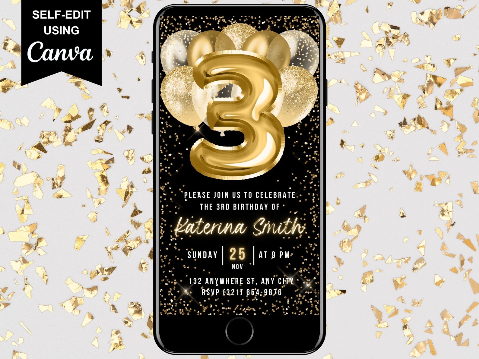 3rd Digital Flyer Birthday Invitation, Kids Animated Turning Three Gold ...