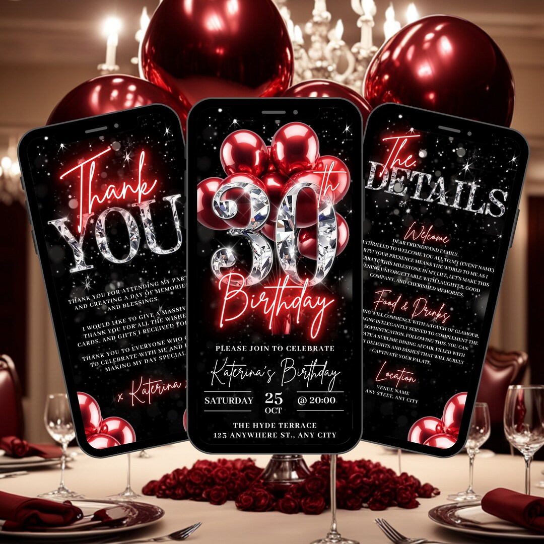 Digital 30th Birthday Invitation, Animated Red Thirty Diamond Dinner ...