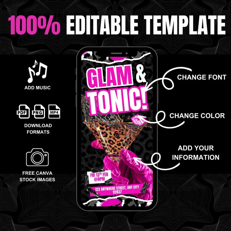 Glam and Tonic Digital Invitation, Leopard Galentines Brunch Party ...