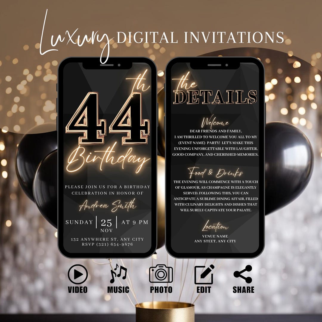 Digital 44th Birthday Party Invitation, Animated Black Gold Dinner ...