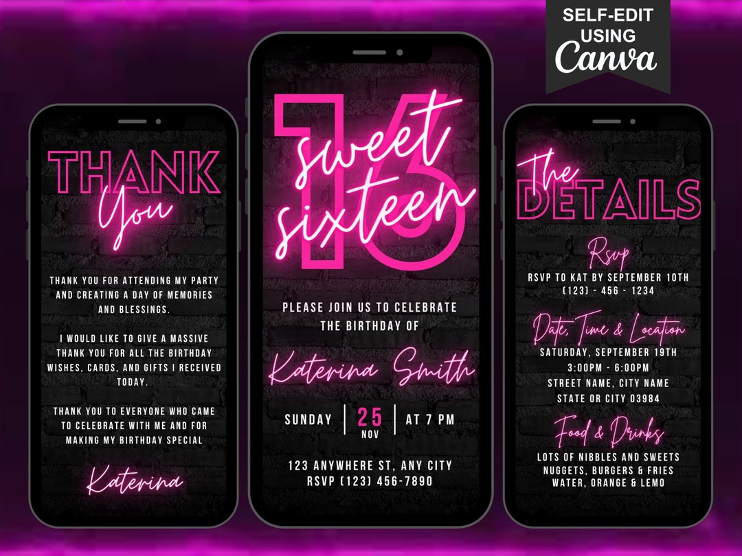 Digital 16th Birthday Party Invitation, Animated Sweet 16 Pink Neon ...