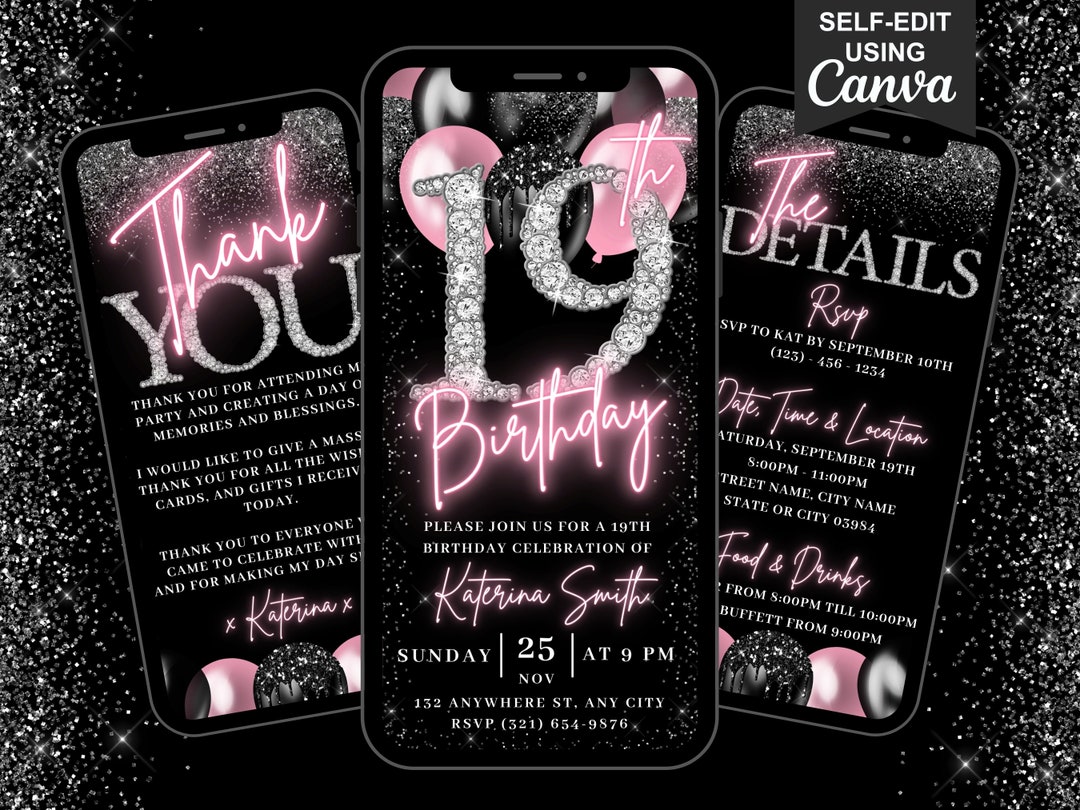 Digital 19th Birthday Invitation, Blush Pink Girls 19 Balloon Diamond ...