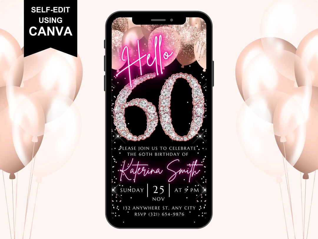 Digital Hello 60th Birthday Invitation, Animated Sixty Brunch Invite ...