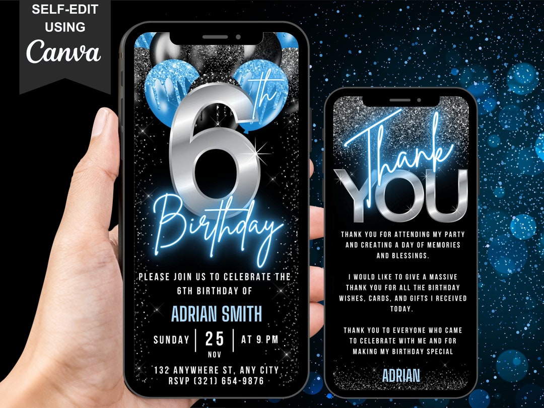 6th Digital Flyer Birthday Invitation, Boys Animated Blue Sixth Invite ...