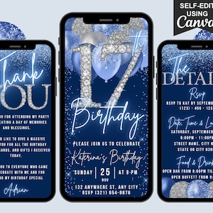 Digital 17th Birthday Invitation, Animated Sweet 17 Blue Silver Dinner ...