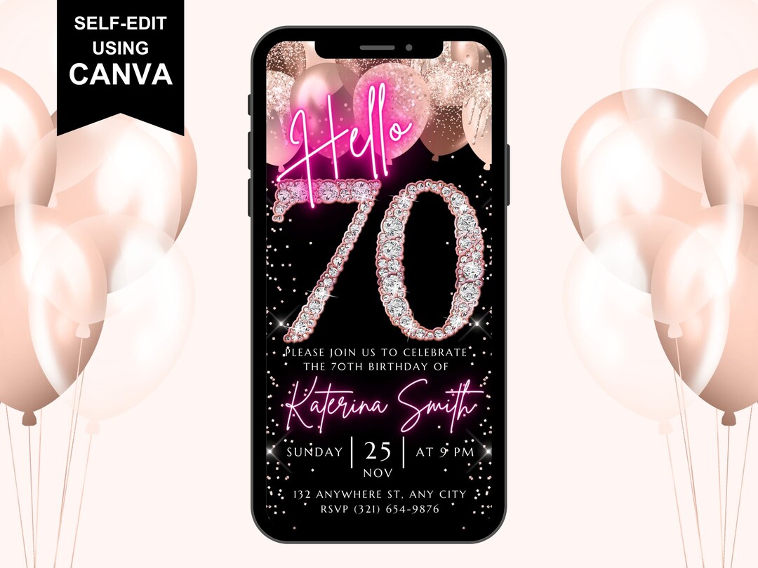 70th Birthday Digital Hello Invitation, Electronic 70th Birthday Party ...