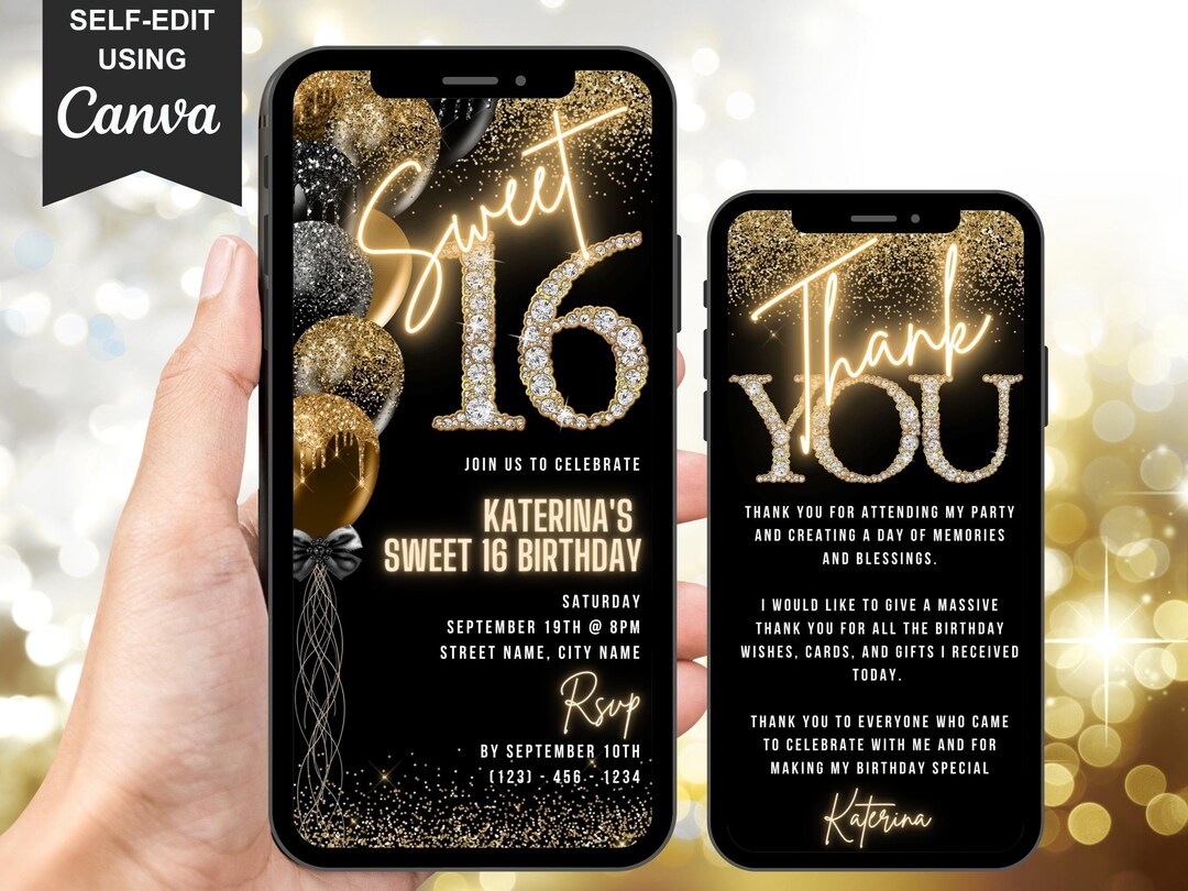 Digital Sweet 16th Birthday Party Invitation, Animated Sixteen Black ...