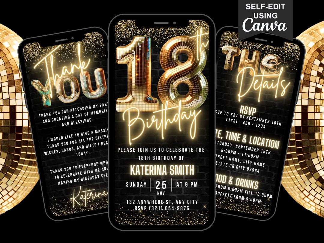 Digital 18th Birthday Invitation, Animated Eighteenth Party Invite for ...