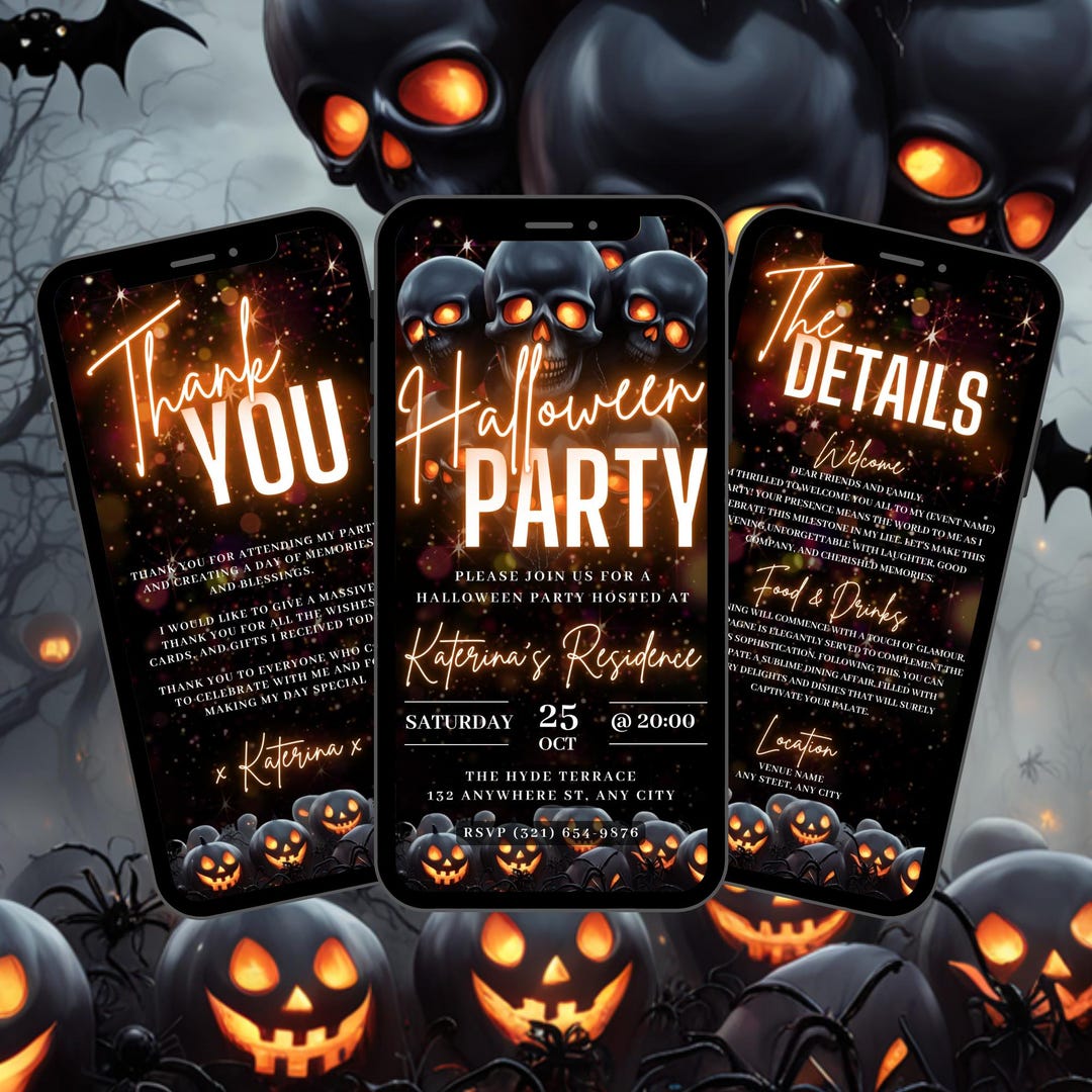Digital Halloween Party Invitation, Animated Scull Pumpkin Party Video ...