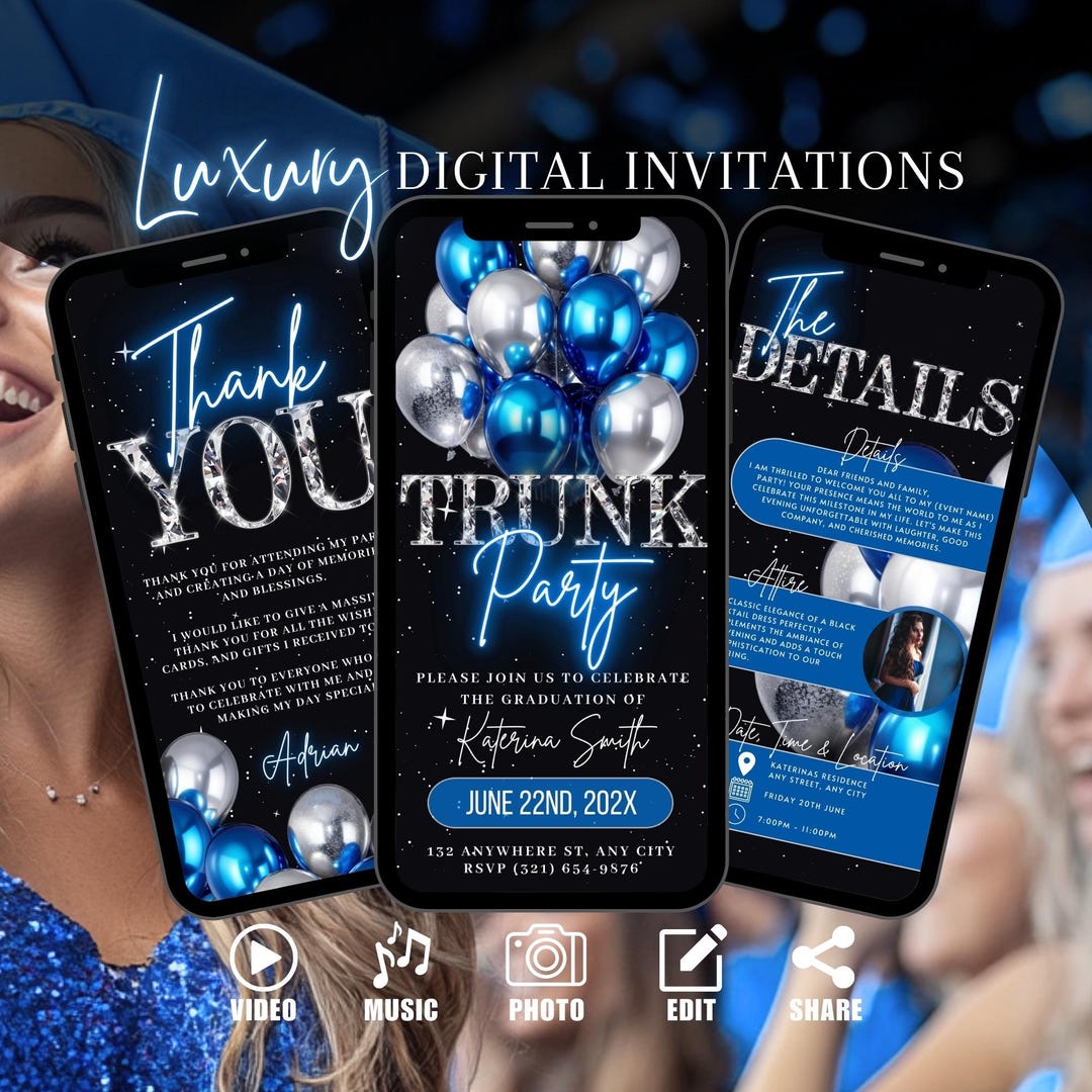 Trunk Party Invitation, Digital Blue Graduation Send off Invite, High ...