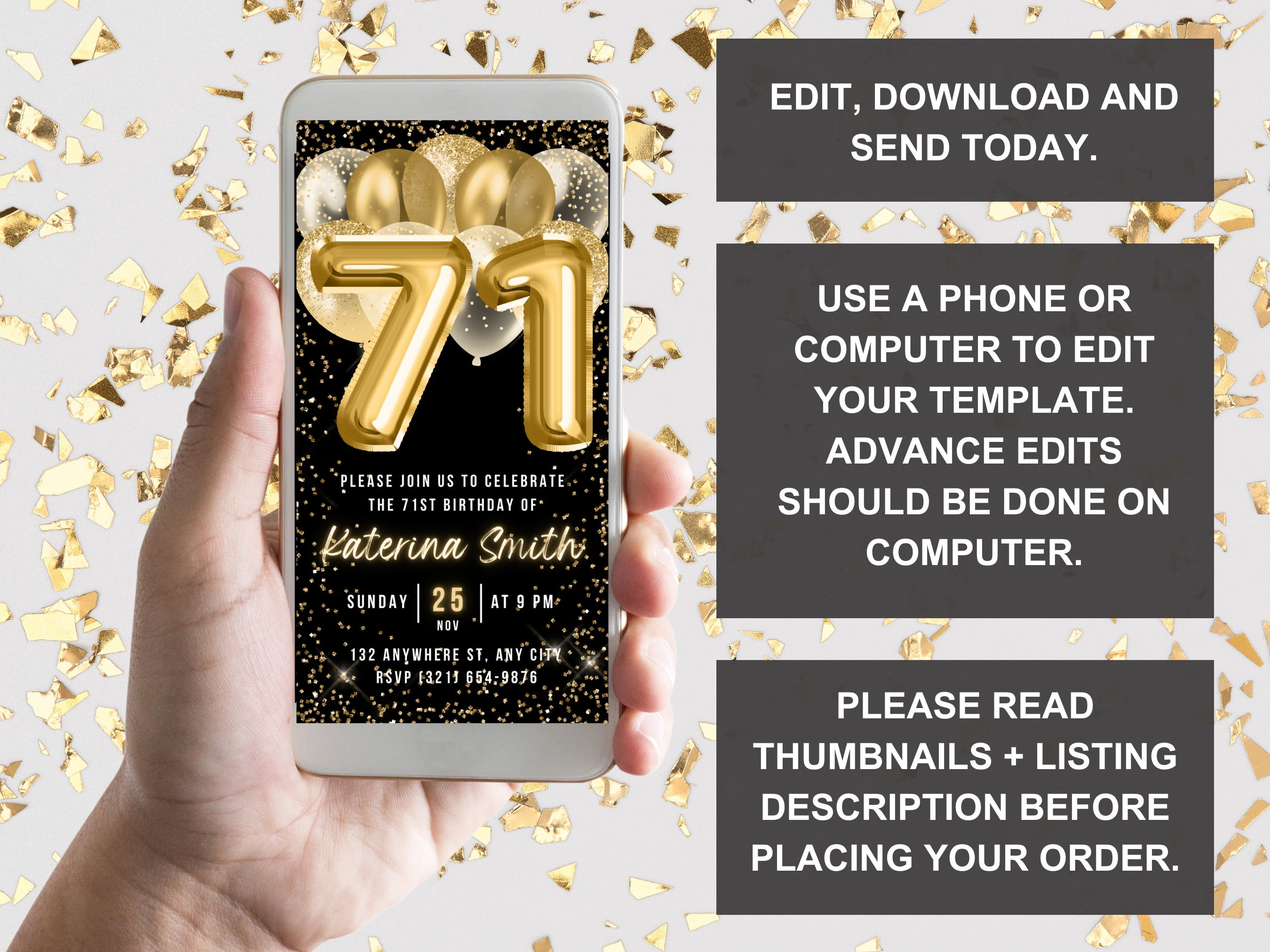 71st Birthday Digital Invitation, Electronic Birthday Party Invite ...