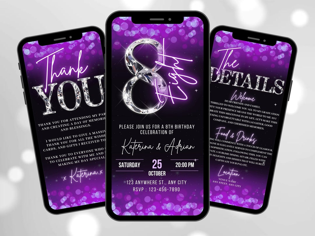 Digital 8th Birthday Invitation, Animated Glitter Eight Party Invite ...