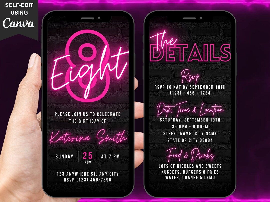 Digital 8th Birthday Invitation, Video 8th Pink Neon Invite, Phone ...